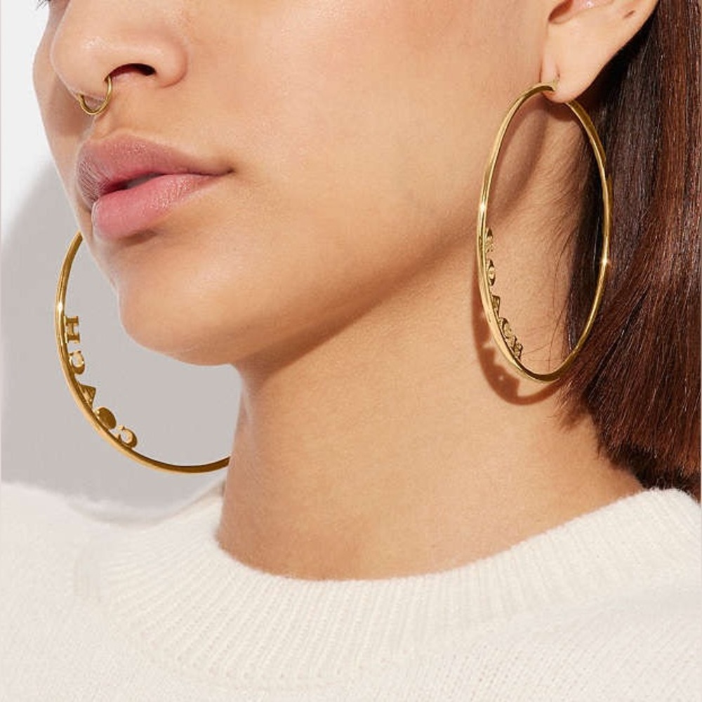 Coach Signature Large Hoop Earrings Gold Toned Color - Gem